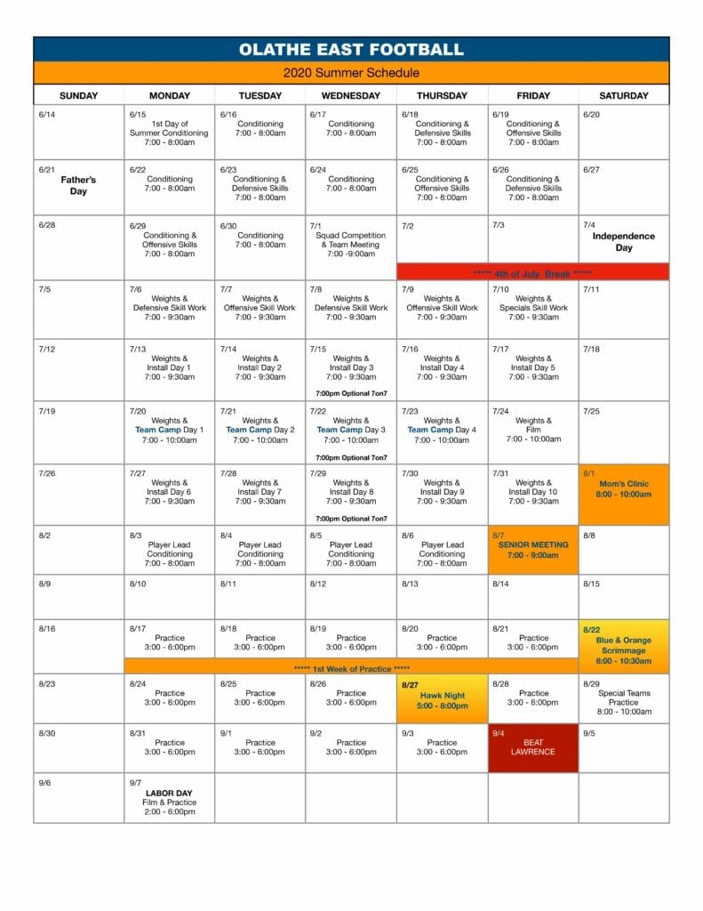 Coach Porter Releases Summer Schedule – Olathe East Football